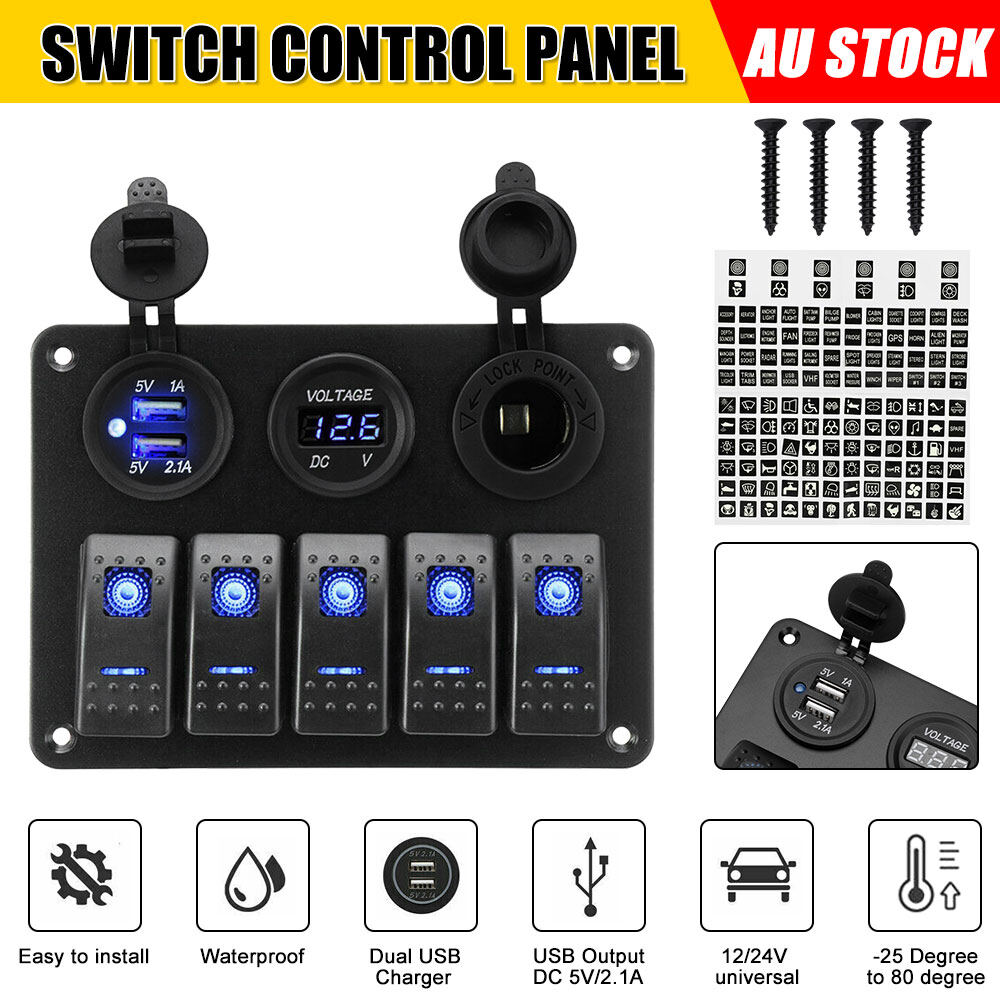 5 Gang Switch Control Panel 12V ON OFF Toggle LED Rocker Dual USB
