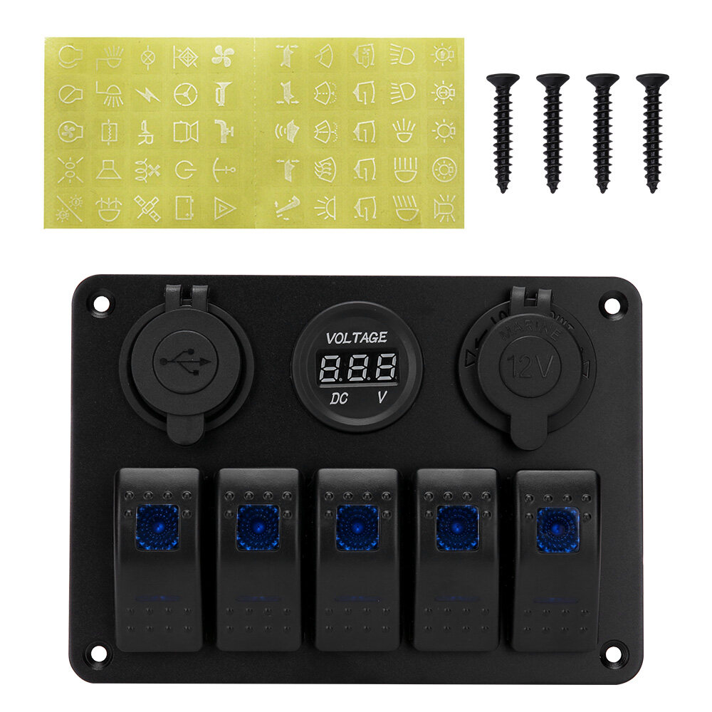 5 Gang Switch Control Panel 12V ON OFF Toggle LED Rocker Dual USB