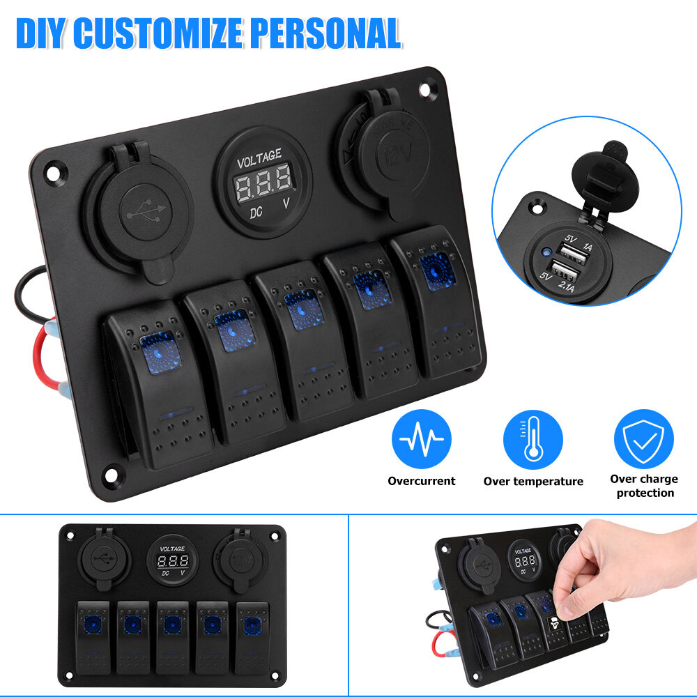 5 Gang Switch Control Panel 12V ON OFF Toggle LED Rocker Dual USB