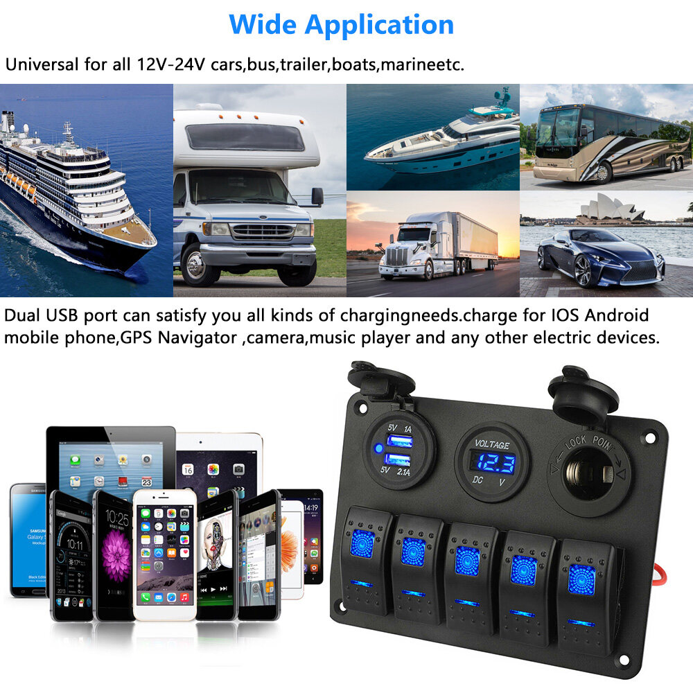 5 Gang Switch Control Panel 12V ON OFF Toggle LED Rocker Dual USB